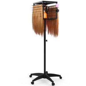 yumkfoi steel braiding hair rack – adjustable height, 168 pegs hair extension holder, 3 sided standing braid rack hair separator with 5 wheels and 1 storage shelf, hair stand for hairstylist