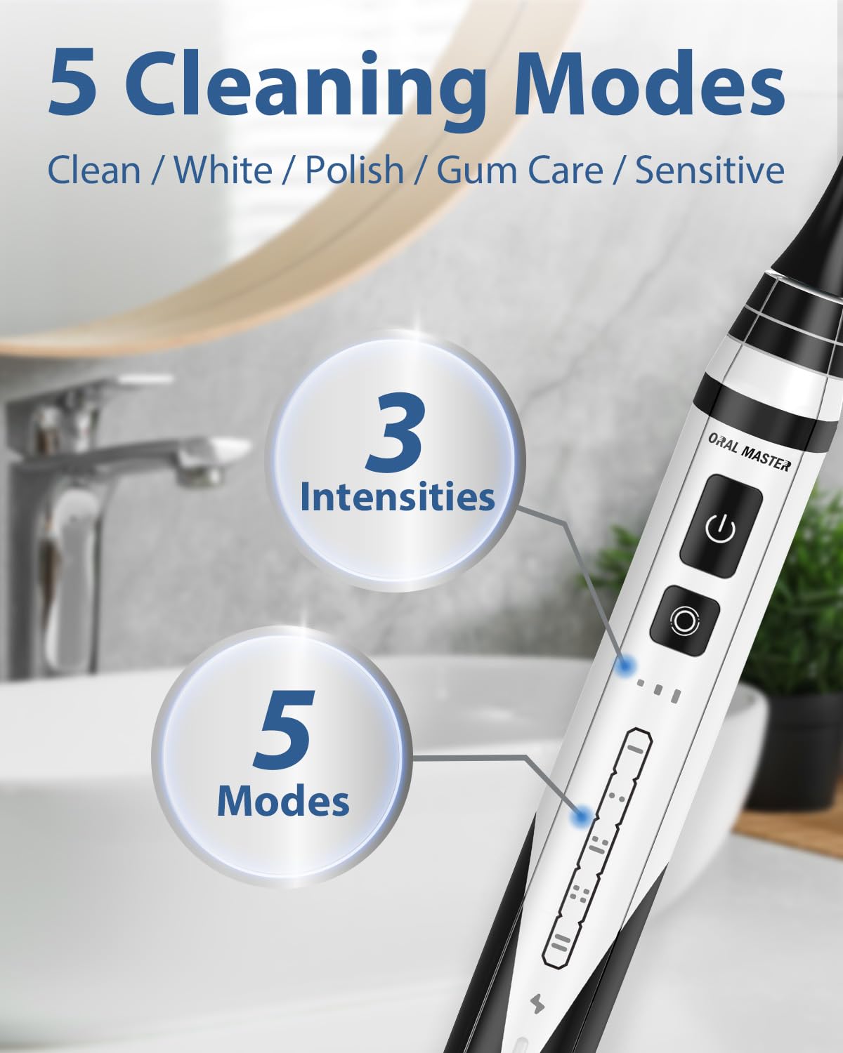 ORAL MASTER Electric Toothbrush for Adults, Sonic Rechargeable Toothbrush with 5 Modes and 42,000 VPM, 3 Brush Heads Travel Electric Toothbrush Fast Charge for 30 Days