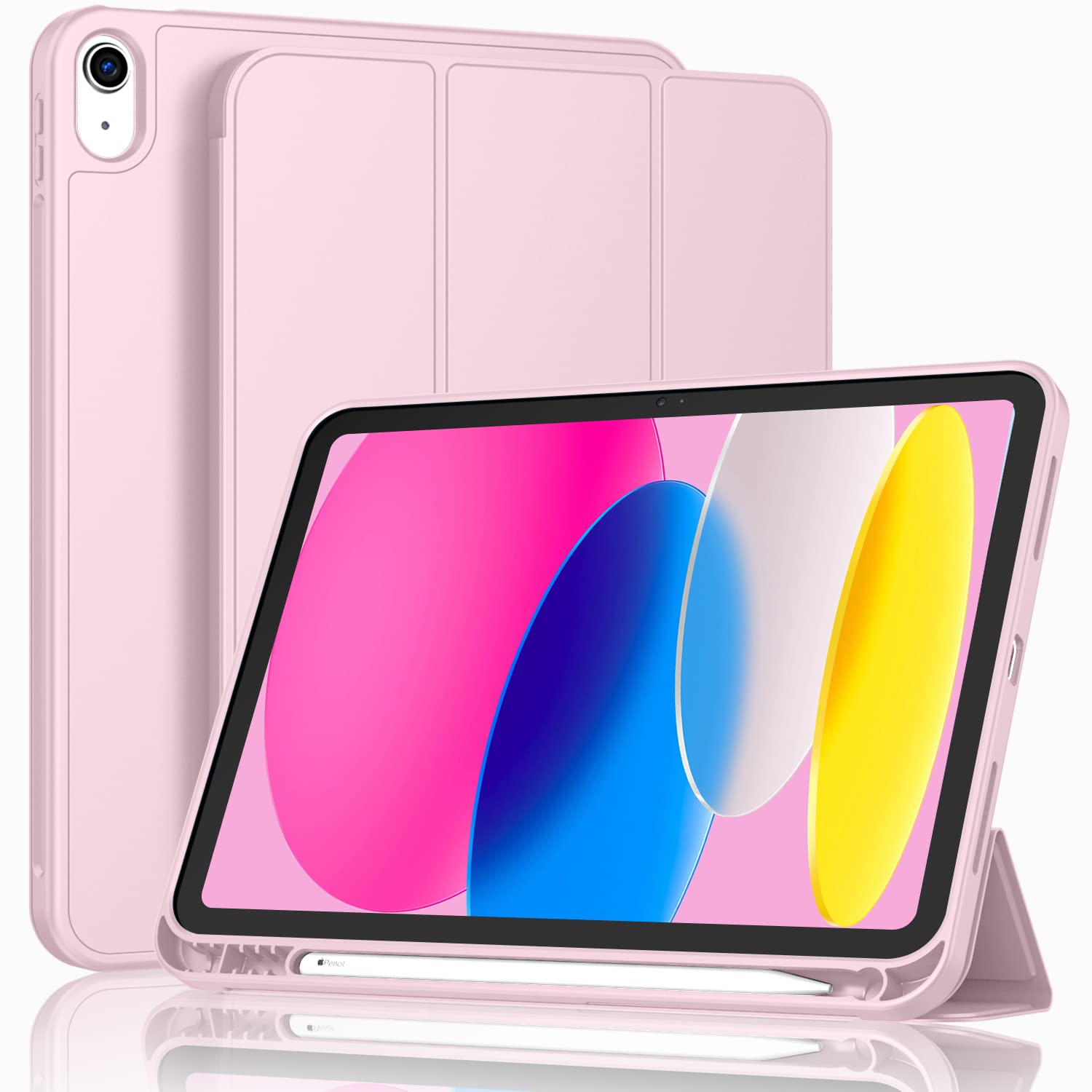 iMieet New iPad 10th Generation Case 2022 10.9 Inch with Pencil Holder, Trifold Stand Smart Case with Soft TPU Back,Auto Wake/Sleep(Pink)