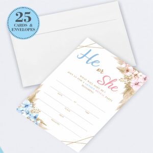 JCVUK Set of 25 Baby Shower Invitations with Envelopes, BOHO Diaper Raffle Tickets and Baby Shower Book Request Cards, Pampas Grass Bohemian Theme Gender Reveal Party For Boys or Girls(YQKTZ-A02)