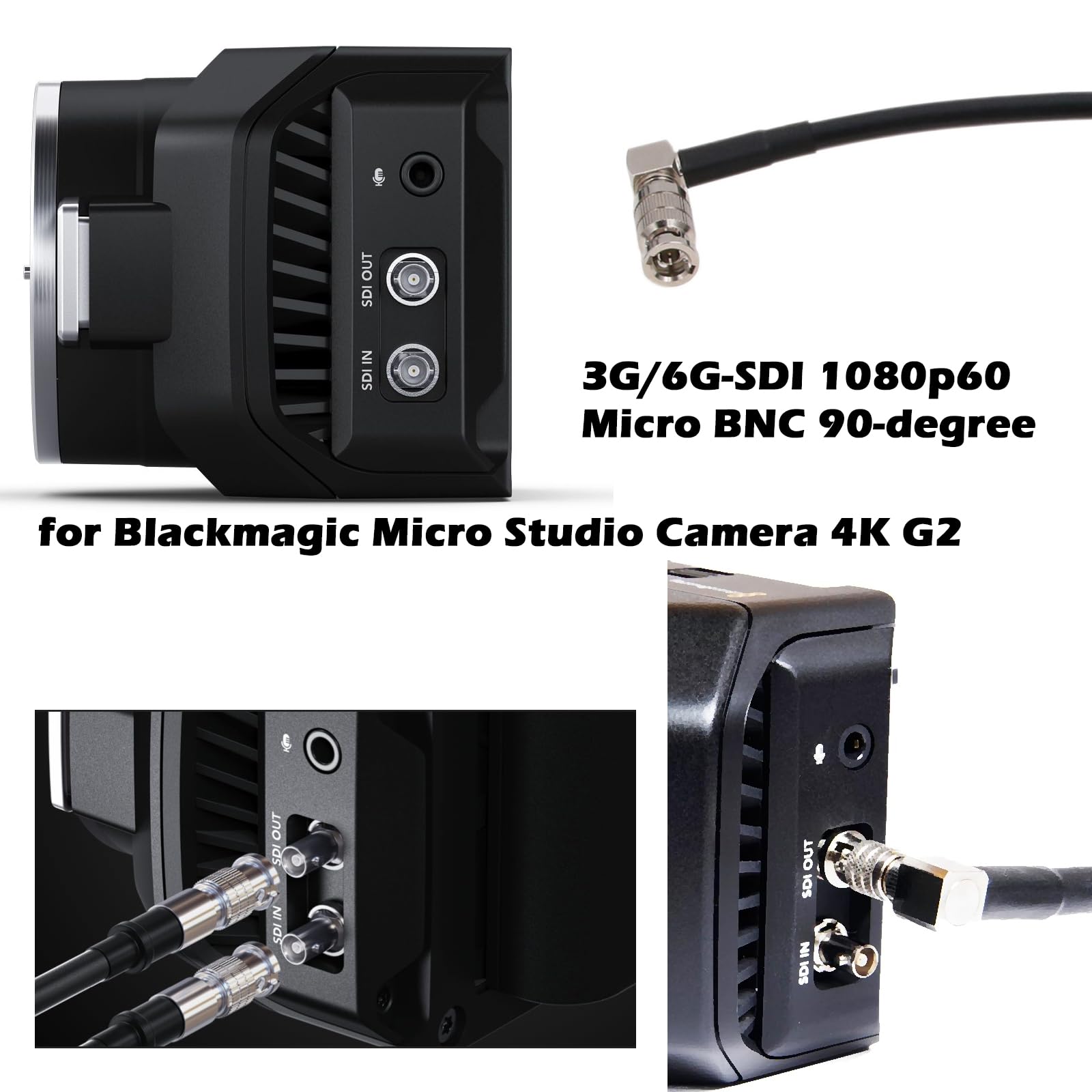 HangTon Micro BNC to Female BNC SDI Cable for Blackmagic Video Assist 4K 5" Monitor, Micro Studio Camera 4K G2, Right Angle High Density 6G-SDI 60cm