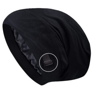 ingeware silky bonnet for sleeping, extra large satin silky hair wrap for sleeping satin lined hair bonnet sleep cap skull caps for curly hair protection for women men (black)