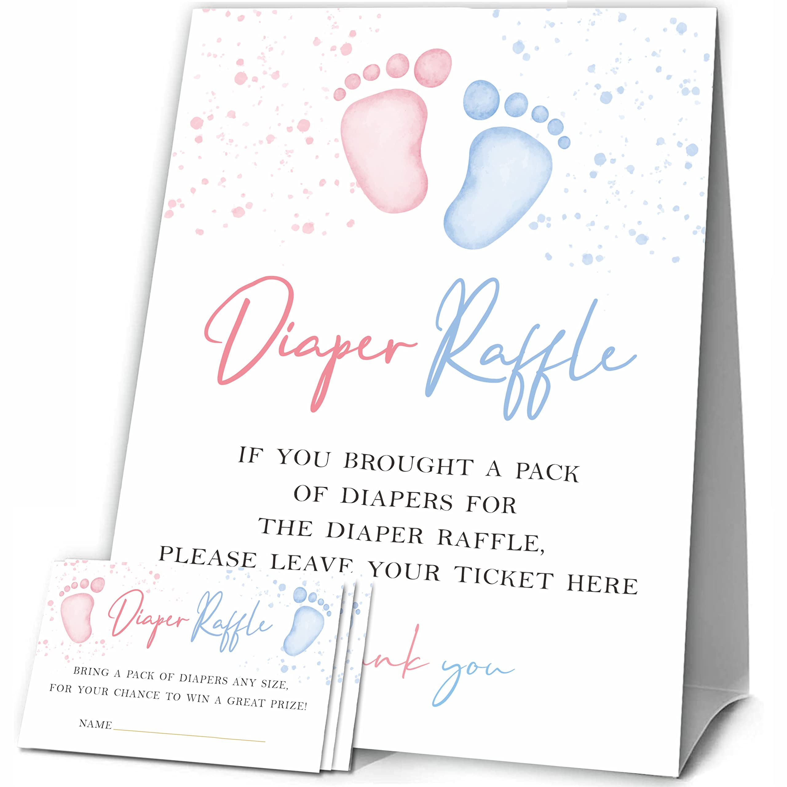 JCVUK Baby Shower Games, 1 Diaper Raffle Standing Sign with 50 Diaper Raffle Tickets, Baby Footprints Theme Gender Reveal Party Decorations and Supplies For Boys or Girls(LBLK-A03)