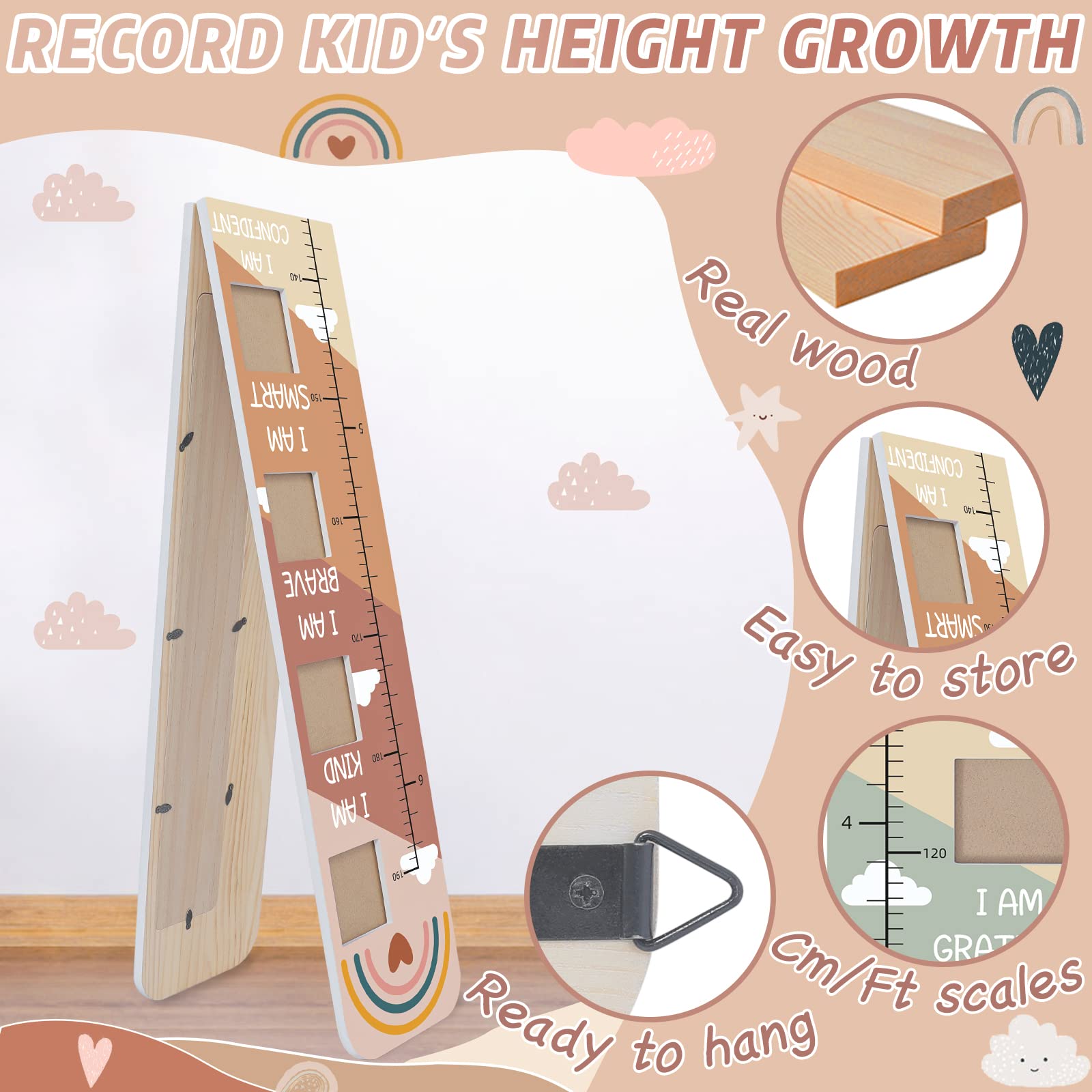 Solid Wood Inspirational Growth Chart for Kids with Photo Windows, Motivational Height Chart for Kids, Foldable Kids Height Wall Chart Milestone Marker, Positive Birthday Gift for Girls Room Decor