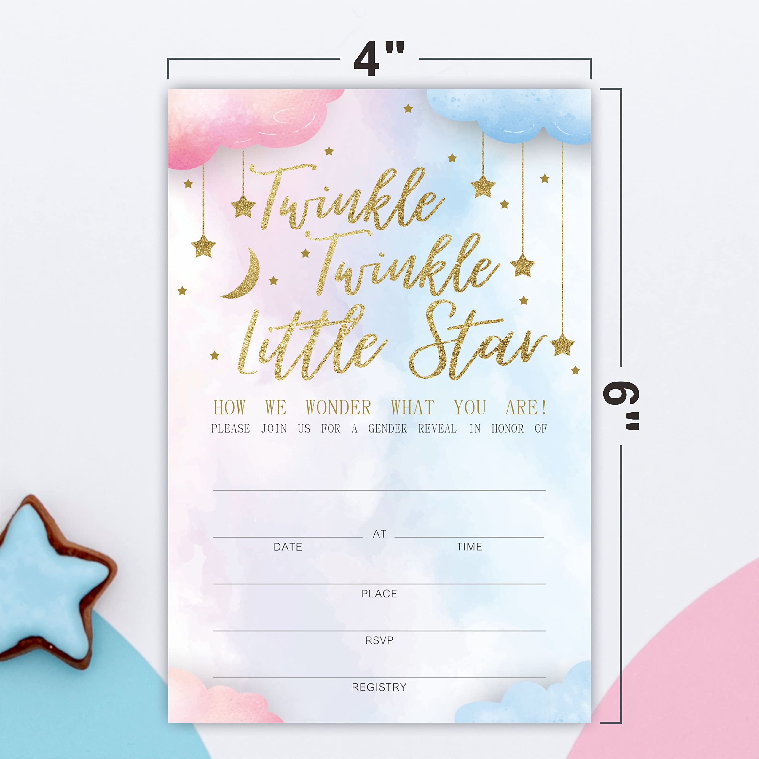 Baby Shower Invitations, Twinkle Twinkle Little Star Gender Reveal Invitation Cards With Envelopes(25 Pack), Gold Moon And Stars Theme Baby Shower Decorations And Supplies For Boys or Girls(YQK-A06)