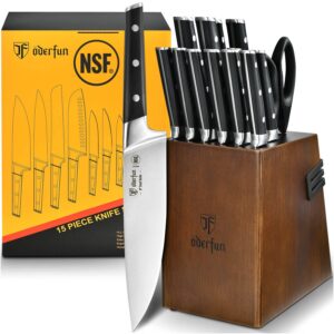 knife set with block, oderfun 15 pcs 50cr15mov german steel kitchen knife set, ultra sharp knives set for kitchen with knife sharpener, ergonomic handle full tang forged with nsf certified