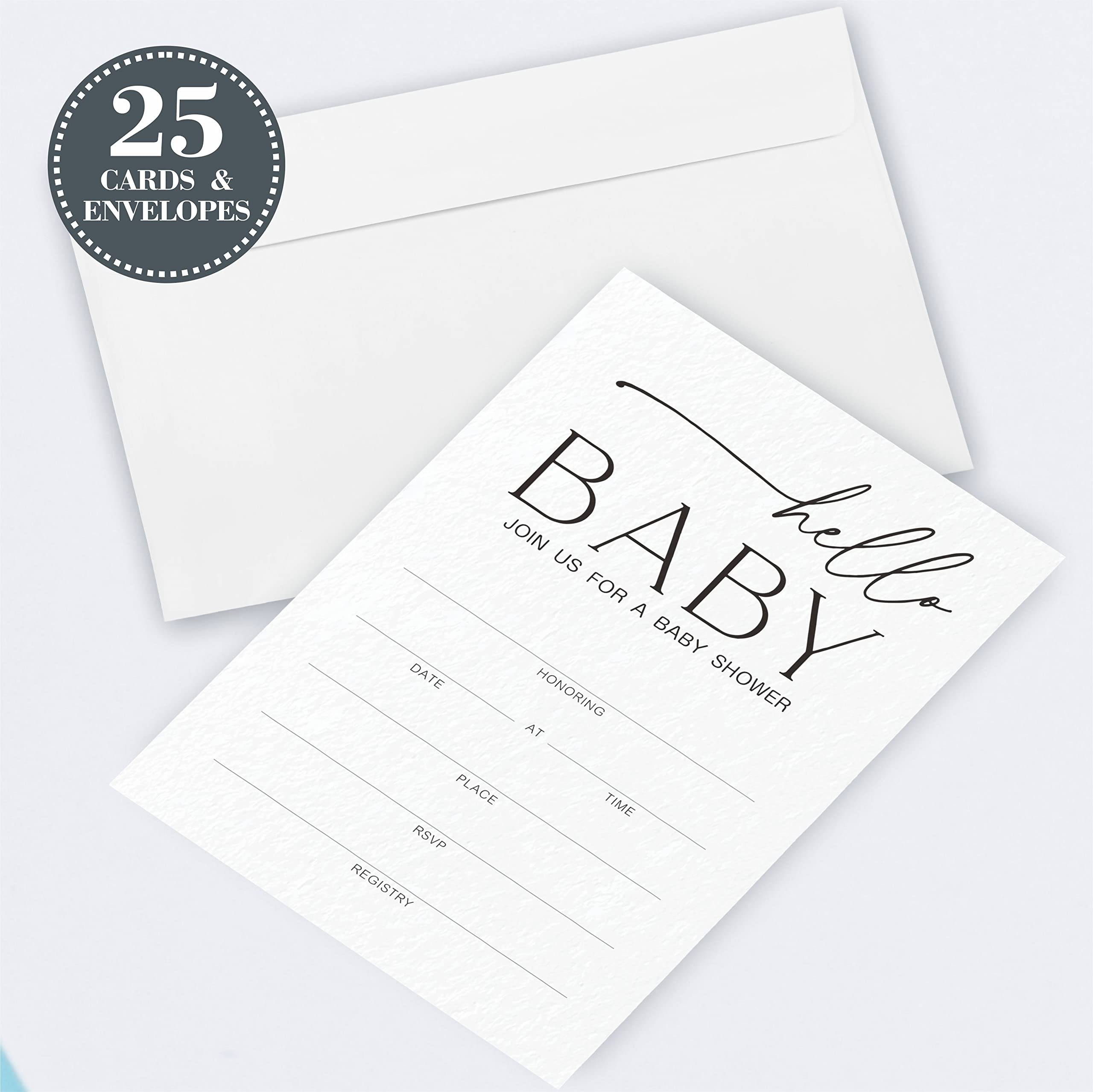 Set of 25 Baby Shower Invitations with Envelopes, Diaper Raffle Tickets and Baby Shower Book Request Cards, Minimalist Hello Baby, Modern Black and White Theme Theme Gender Reveal Party(YQKTZ-A10)