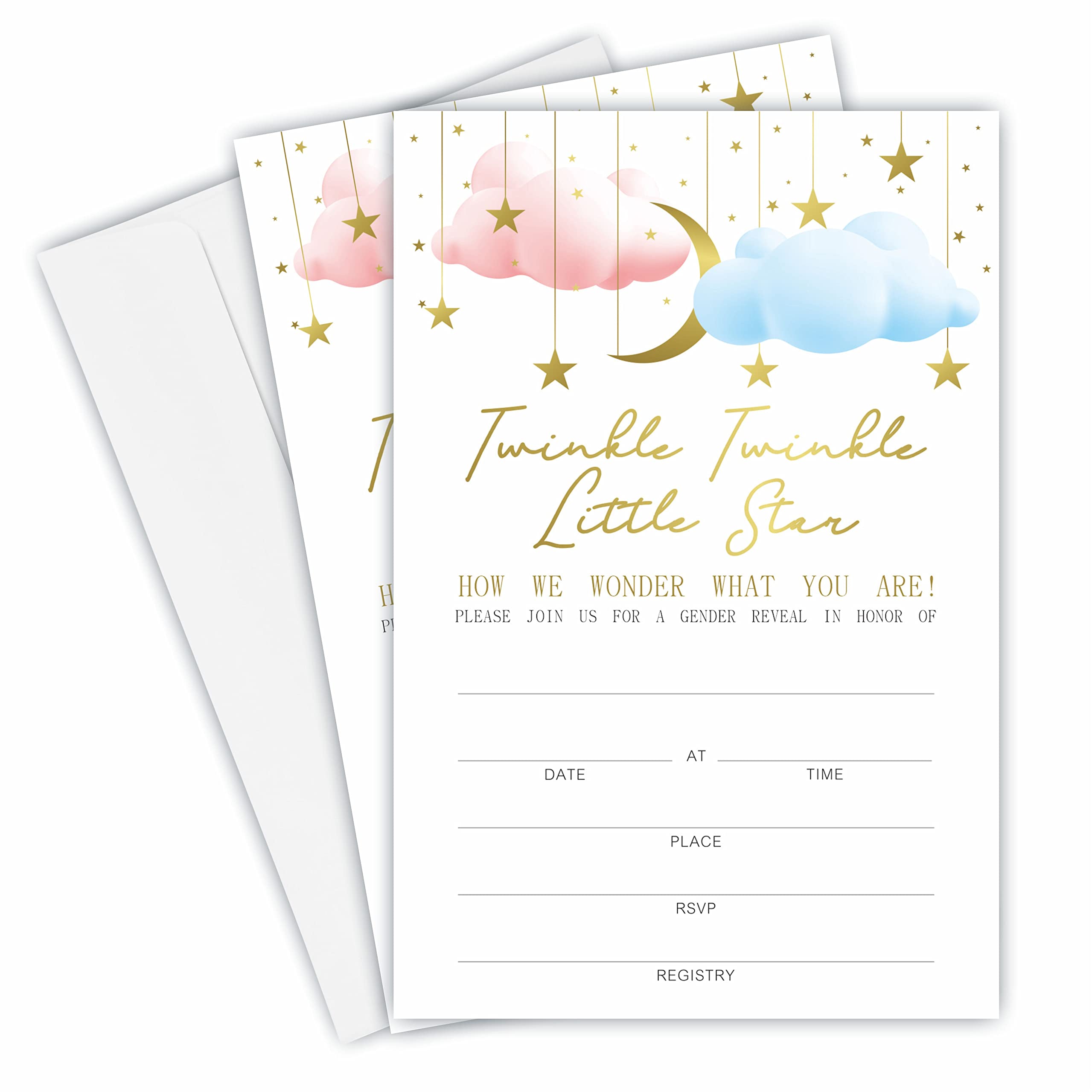 Baby Shower Invitations, Twinkle Twinkle Little Star Gender Reveal Invitation Cards With Envelopes(25 Pack), Gold Moon And Stars Theme Baby Shower Decorations And Supplies For Boys Girls(YQK-A05)