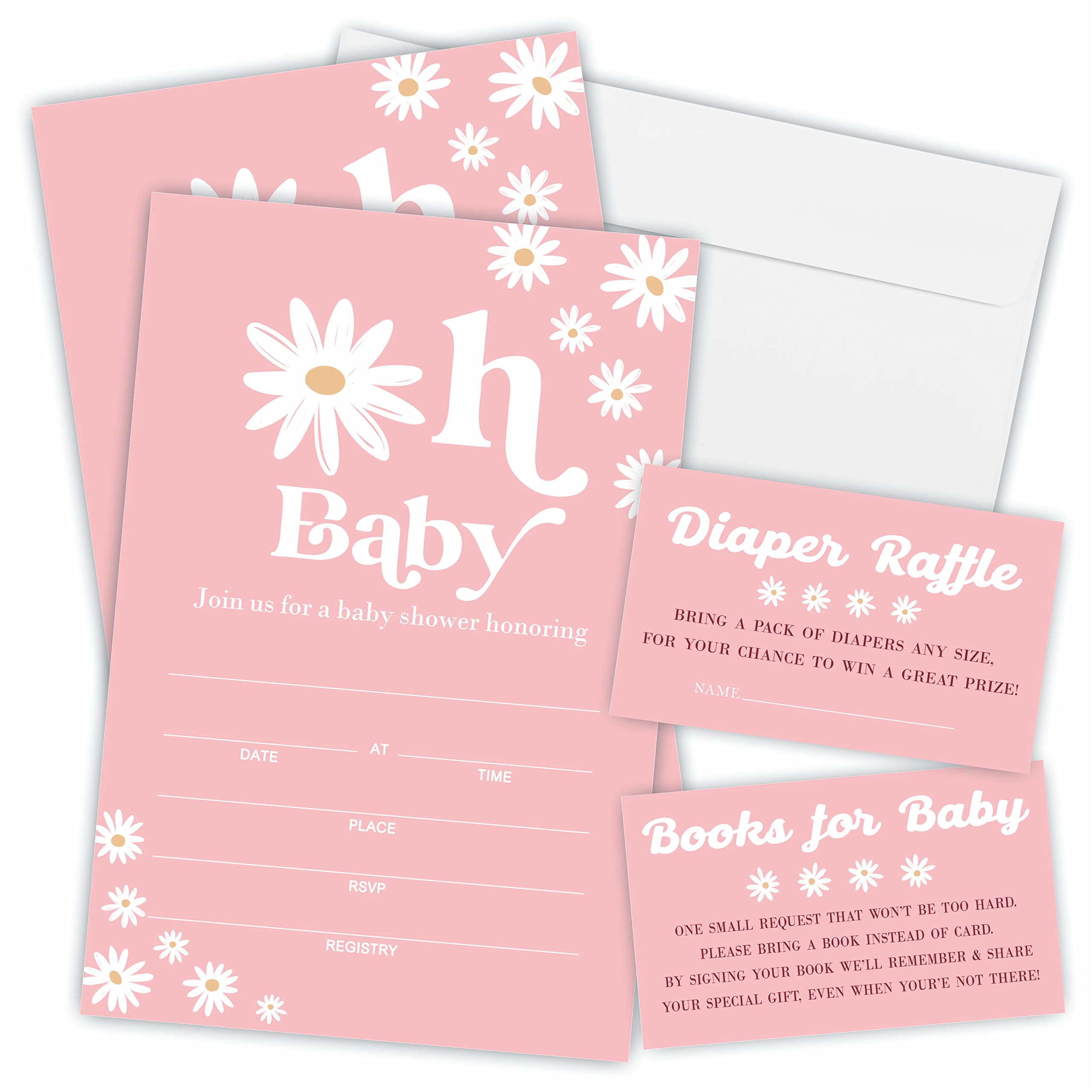 JCVUK Set of 25 Baby Shower Invitations with Envelopes, Diaper Raffle Tickets and Baby Shower Book Request Cards, Boho Hippy Floral Daisy Theme Gender Reveal Party For Boys or Girls(YQKTZ-A07)