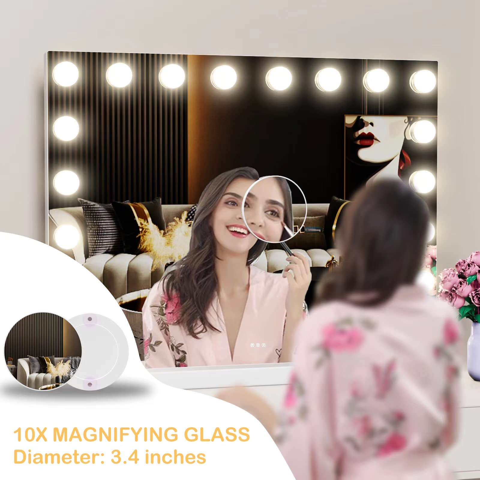 Gvnkvn 22.8 x 18.2 Vanity Makeup Mirror with Lights, 10X Magnification,Large Hollywood Lighted Vanity Mirror with 15 Dimmable LED Bulbs, USB Charger Port, Tabletop or Wall-Mounted White