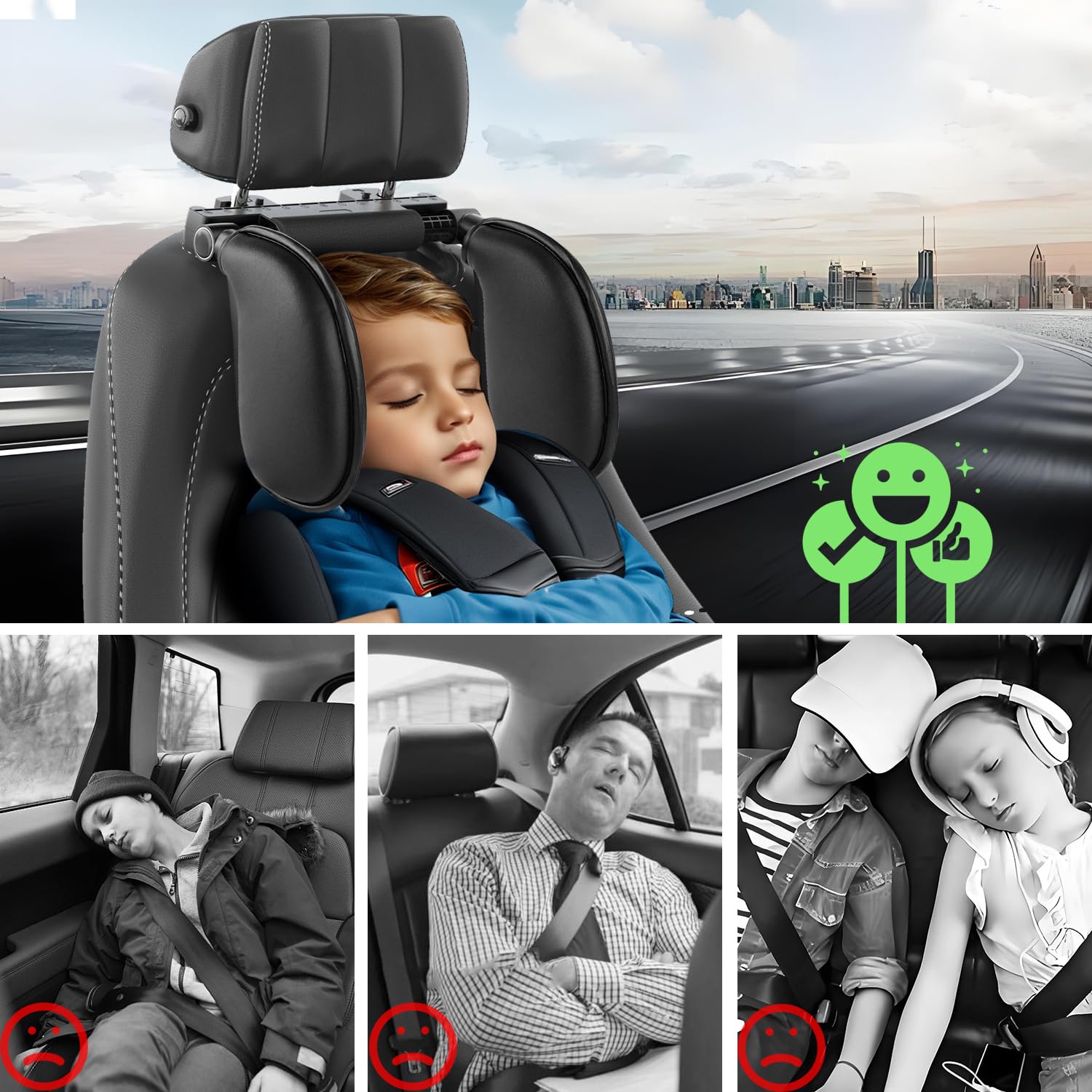 EPOCHHIKE Car Headrest Pillow, [Supersleep] Road Pal Headrest with PU/Sponge Pad, 360° Adjustable Car Seat Head Neck Support, U Shaped Car Sleeping Pillow for Kids & Adults (Black-US Patent Design)