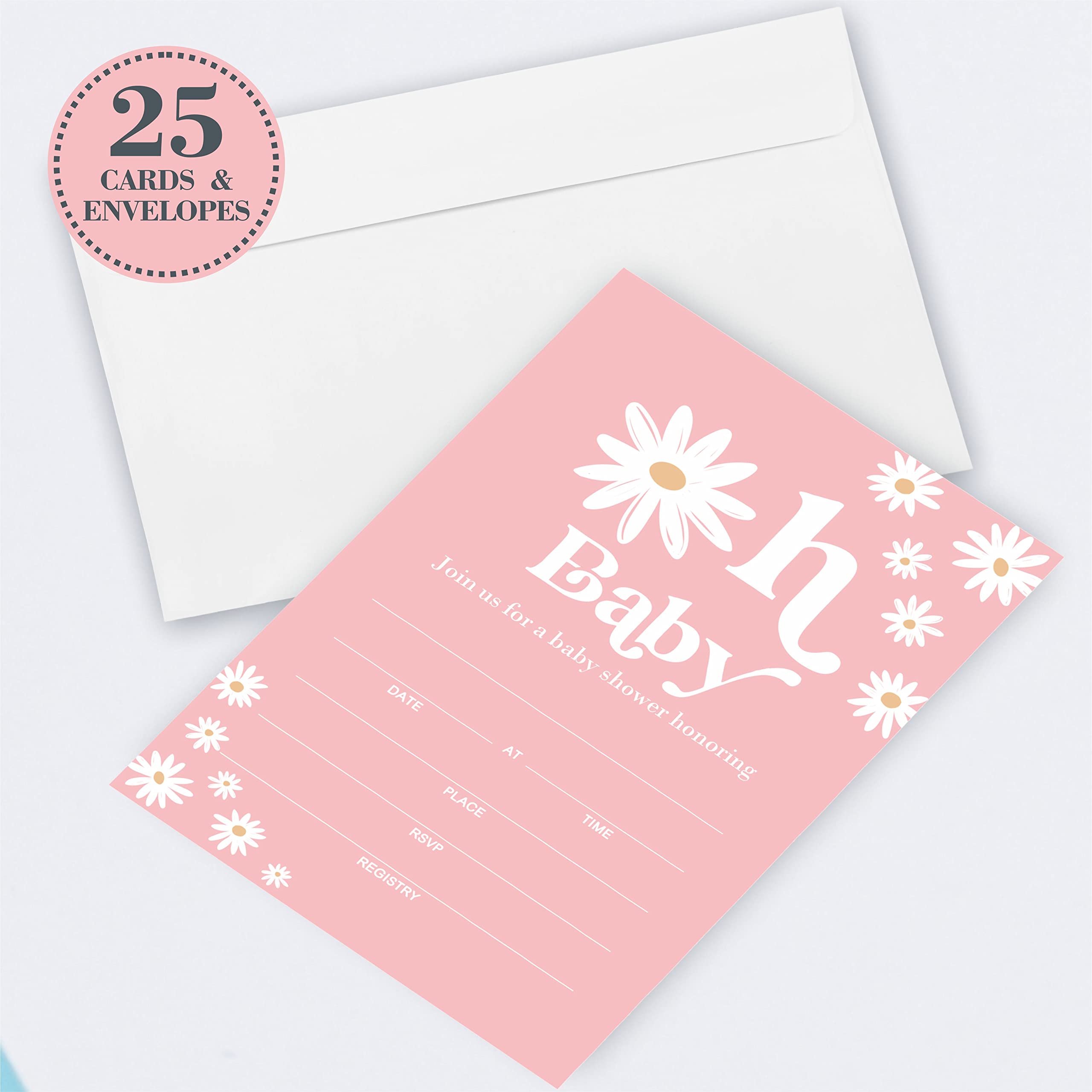 JCVUK Set of 25 Baby Shower Invitations with Envelopes, Diaper Raffle Tickets and Baby Shower Book Request Cards, Boho Hippy Floral Daisy Theme Gender Reveal Party For Boys or Girls(YQKTZ-A07)