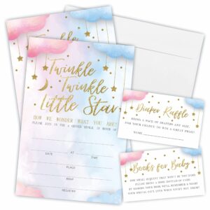 jcvuk set of 25 baby shower invitations with envelopes, diaper raffle tickets and baby shower book request cards, twinkle twinkle little star, gold moon and stars theme gender reveal party(yqktz-a06)