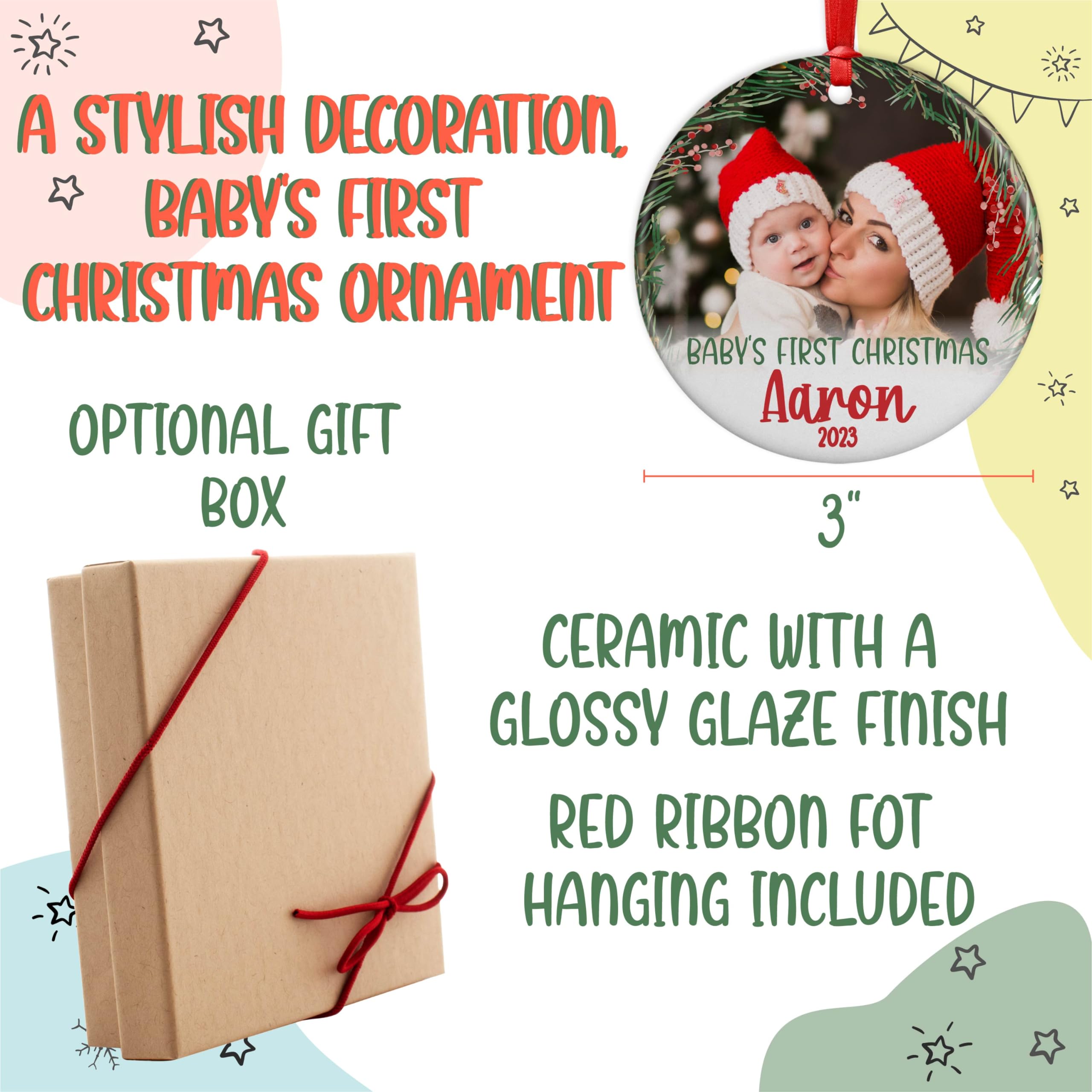 Custom Baby First Christmas Ornament 2023 with Babys Photo & Name - 10 Fonts - 3" First Christmas Ornament for Baby Boy, Girl - New Baby Gift - Babies 1st Christmas