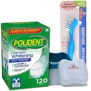 polident overnight whitening denture cleaner tablets 120 tablets bundle with dentu-care denture case with lid and dentu-care denture brush for maintaining good clean full/partial dentures