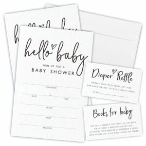 jcvuk set of 25 baby shower invitations with envelopes, diaper raffle tickets and baby shower book request cards, hello baby, modern minimalist theme gender reveal party for boys or girls(yqktz-a09)