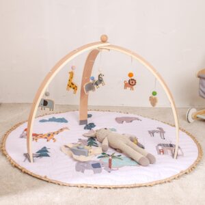 wooden baby gym foldable baby play gym frame activity center hanging bar with cute animals toys for sensory exploration and motor skill development, newborn gift for girls boys（without play mat）