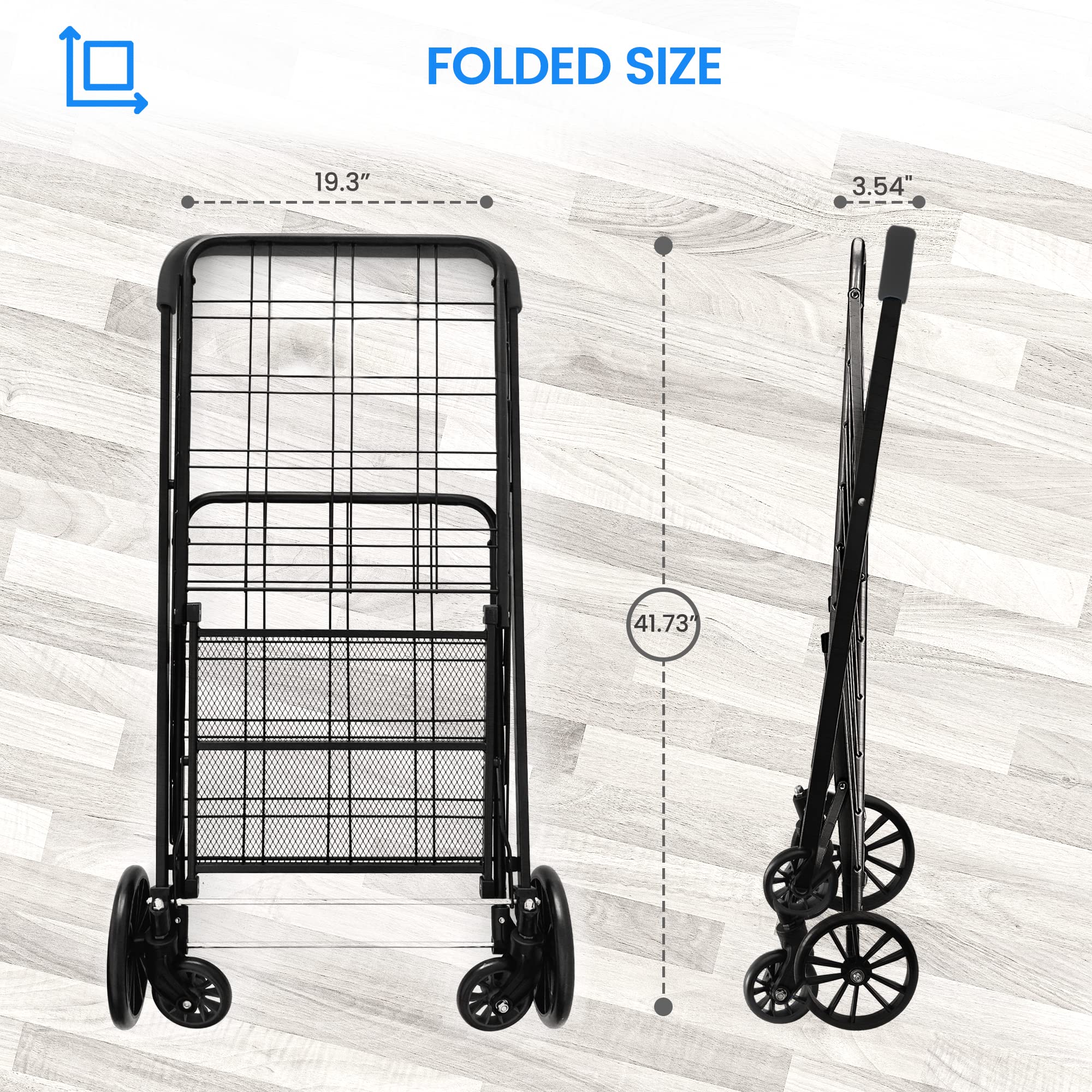 SereneLife Folding Grocery Utility Shopping Supermarket Cart with 360 Rolling Swivel Wheels, Double Basket, Large Capacity 110 lbs, Portable, Collapsible Compact Folding, for Grocery Laundry, Luggage