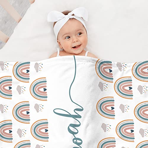 Lcyawer Custom Baby Name Blanket, Personalized Boho Style Baby Blanket with Rainbow and Hearts, Receiving Expecting Mom Gift, Girls Boys Kids Shower Gift