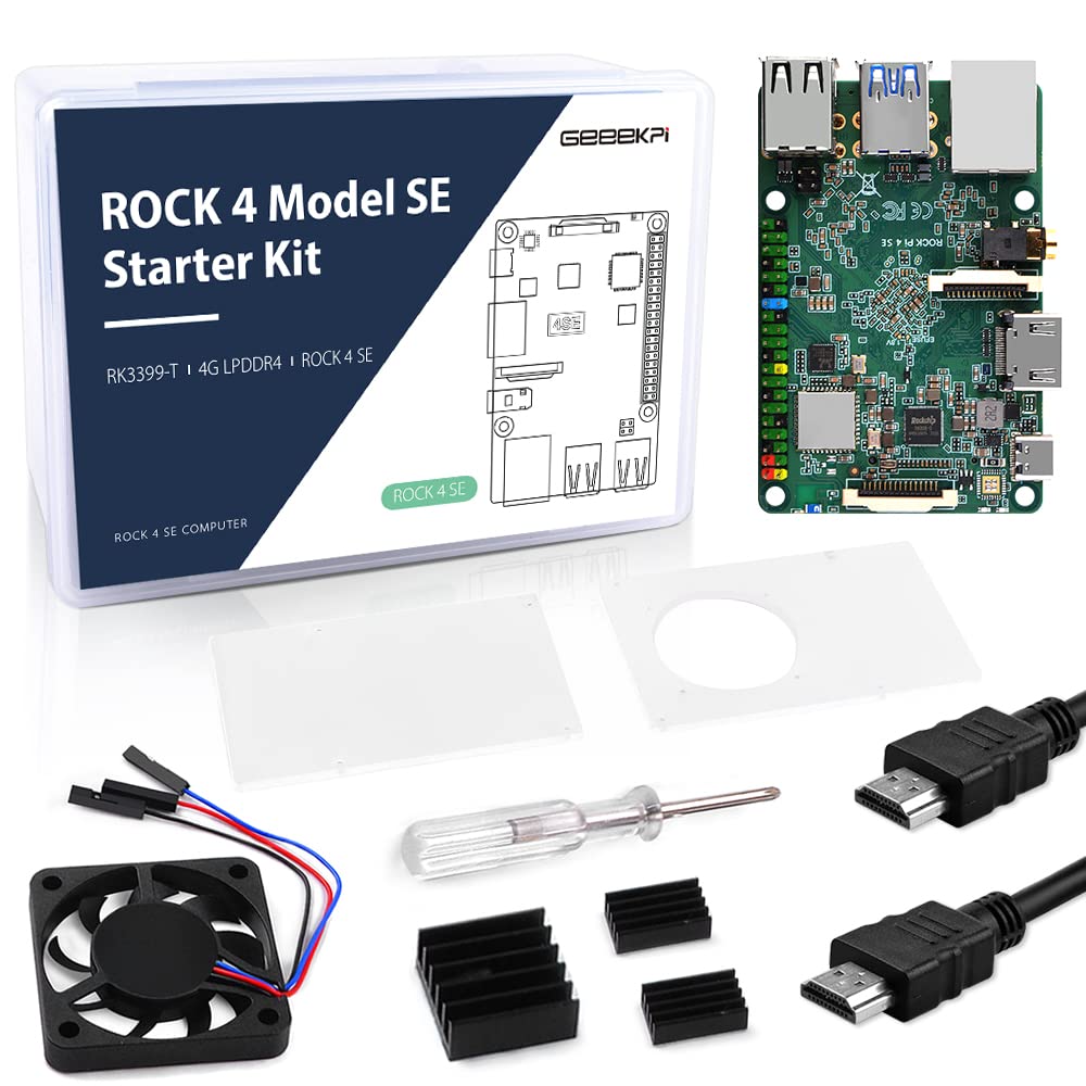 GeeekPi Rock Pi 4 Model SE Starter Kit with Rock Pi 4 SE 4GB Single Board Computer, Rock Pi 4 SE Case, Rock Pi 4 SE 4007 PWM Fan with Speed Control and Rock Pi 4 SE Heatsinks