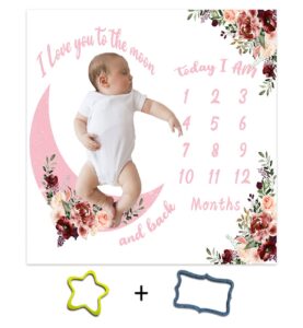 tersum moon flowers baby monthly milestone blanket, 48x48in i love you to the moon and back blanket soft flannel newborn gift,gender neutral nursery decor baby months growth chart blanket btzzte34