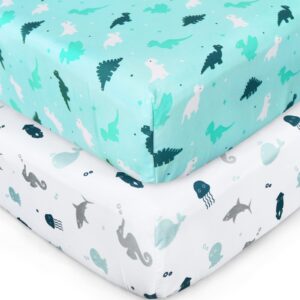 crib sheets for boys or girls 2-pack, fitted sheet 52'' x 28'' standard & toddler mattres, soft and breathable material, baby neutral, dinosaurs ocean