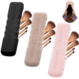 3pack travel silicone makeup brush case bag soft cute portable cosmetic brushes holders,waterproof makeup brushes organizer for traveling with magnetic closure-black,pink,khaki