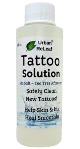 urban releaf tattoo solution ! natural sea salt aftercare. safely clean new tattoos. help skin & ink heal smoothly. made fresh in usa. 100% natural. reduce ink loss.