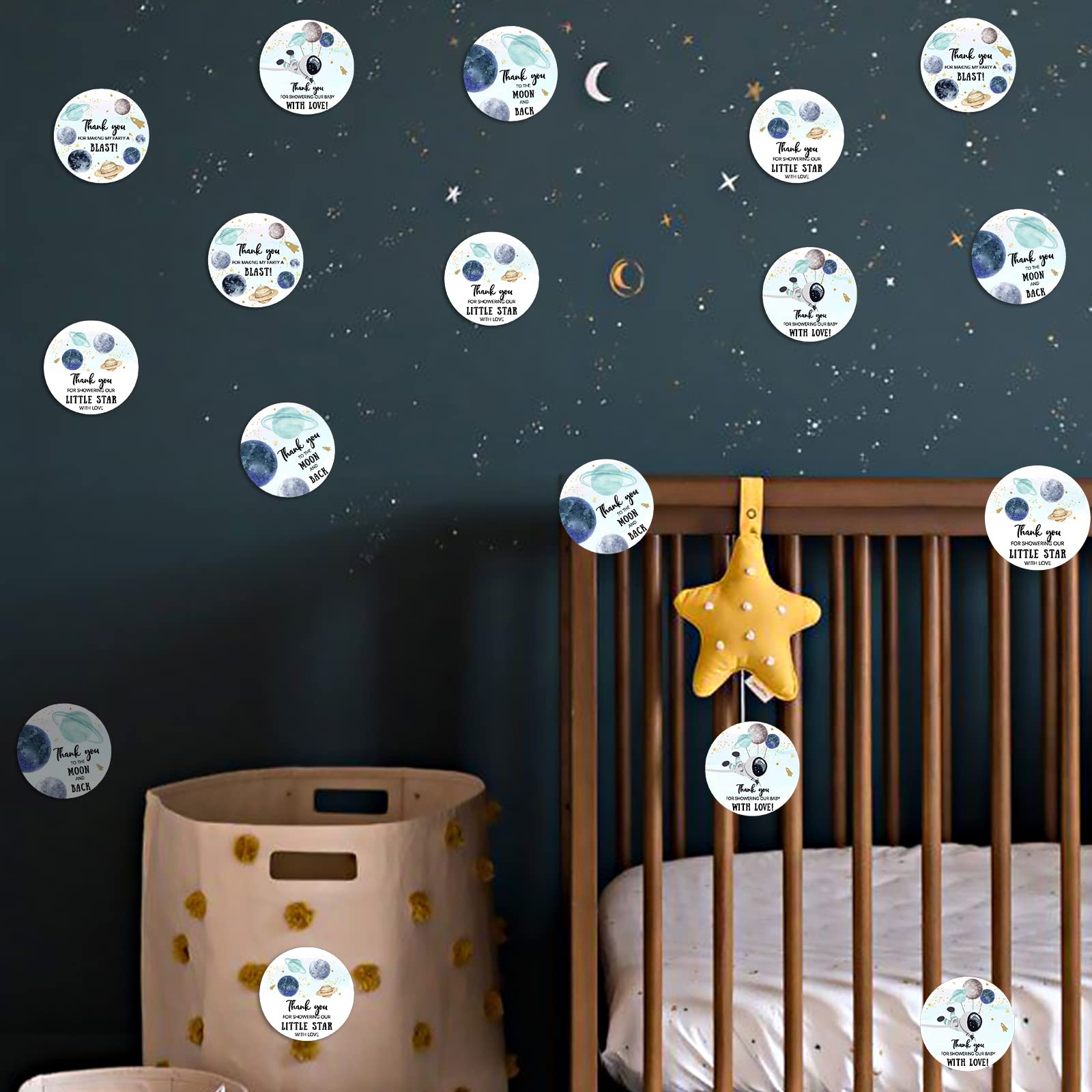 Fangleland 48Pcs Outer Space Thank You Stickers, Astronaut Stickers for Baby Shower - Personalized Planets Labels for Galaxy Themed Birthday Party Favors Gift Bag