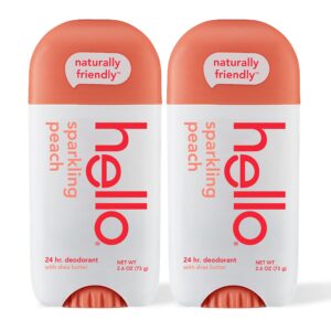 hello peach aluminum free deodorant for women + men, natural fragrance, dermatologically tested, baking soda free, parabens free, dye free, 24 hour odor protection, (pack of 2)