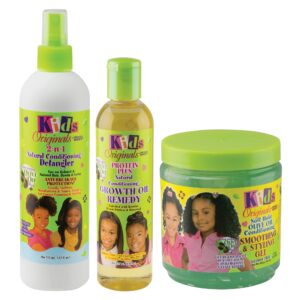 kids originals by africa’s best no more knots! hair care bundle – detangler, growth oil, and olive oil styling gel for hydration & easy styling (12 oz, 8 oz, 15 oz)