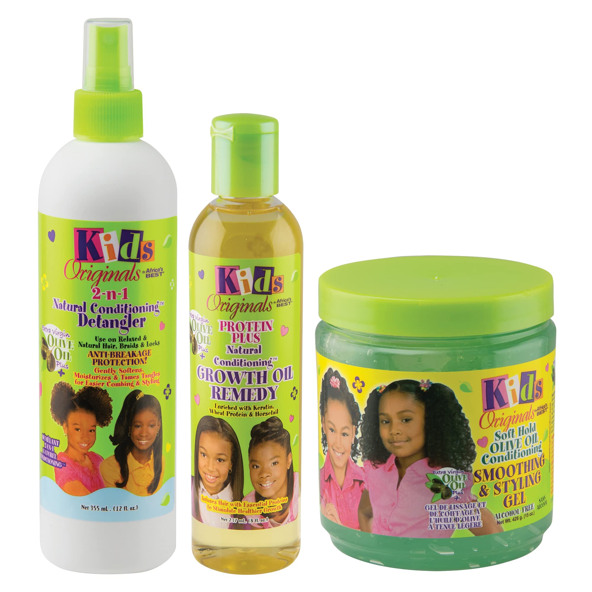 Kids Originals by Africa’s Best No More Knots! Hair Care Bundle – Detangler, Growth Oil, and Olive Oil Styling Gel for Hydration & Easy Styling (12 oz, 8 oz, 15 oz)