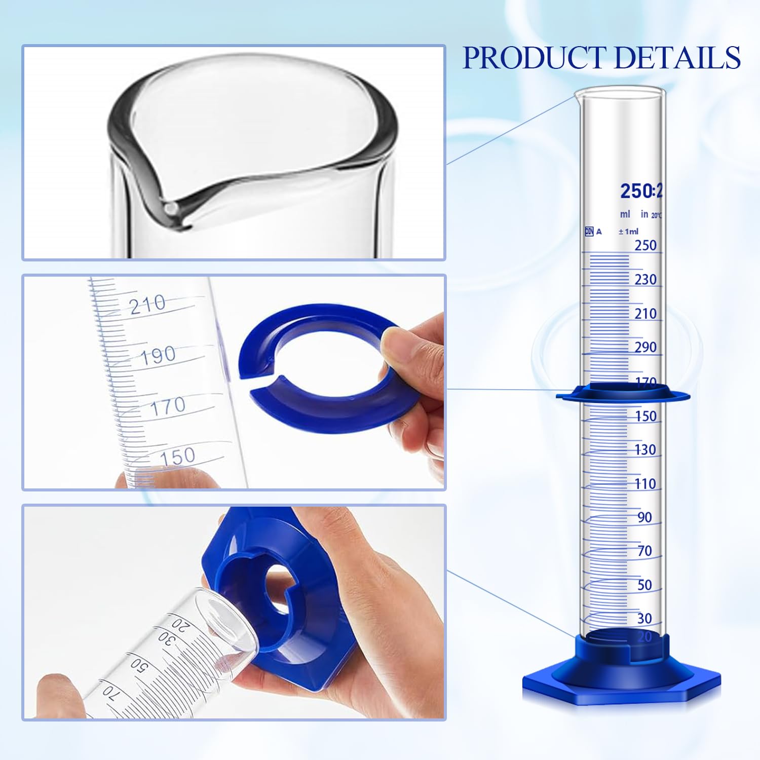 2PCS Graduated Cylinder Measuring Cylinder Thick Glass Lab Cylinders Glass Graduated Cylinder Glass Measuring Cylinder (250ML)