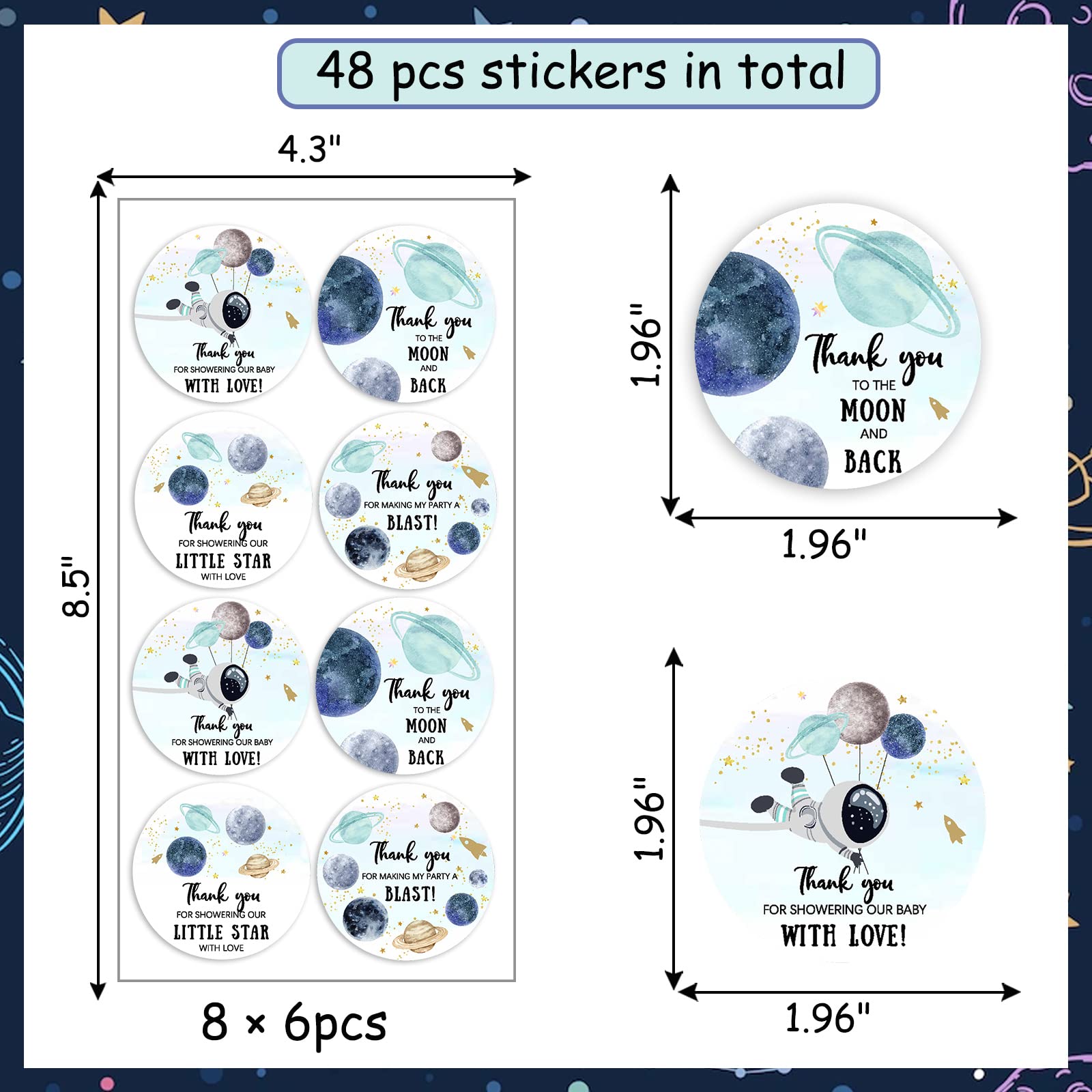 Fangleland 48Pcs Outer Space Thank You Stickers, Astronaut Stickers for Baby Shower - Personalized Planets Labels for Galaxy Themed Birthday Party Favors Gift Bag