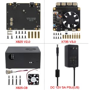 geekworm x825 v2.0 2.5 inch sata hdd/ssd board + x735 power management board + metal case with power switch and cooling fan + dc 12v 5a psu kit for raspberry pi 4 (not include raspberry pi 4)