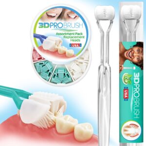 autisticare 3d pro brush | three 3-sided toothbrush + 7-pack replacement heads | sustainable u-shaped triple soft bristle heads + tongue scraper approved | usa