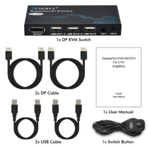 KVM Switch DisplayPort, 2 Port DP KVM Switch for 1 HD Monitor 2 Computers to Share 3 USB 2.0 Device Keyboard Mouse Printer, Support 4K@60Hz, Included 2 DP and 2 USB Cables