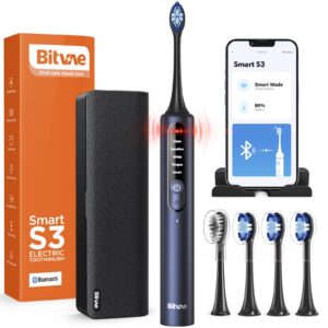 bitvae smart s3 sonic electric toothbrush for adults, 180-day battery life rechargeable electric power toothbrush with pressure sensor, electric toothbrush with 4 brush heads, travel case, dark blue