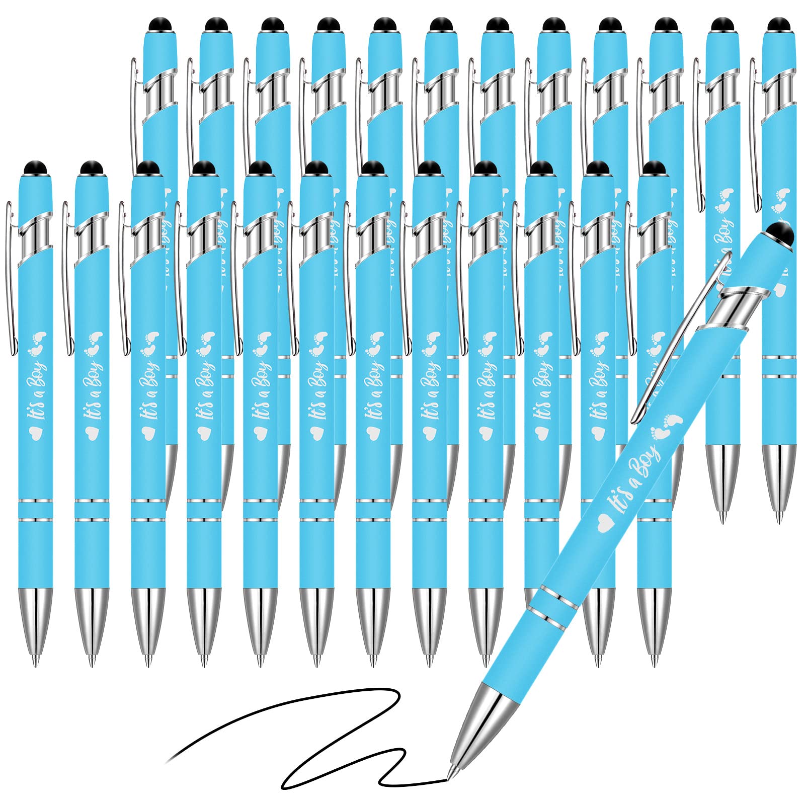 24 Pcs Baby Shower Rose Red Blue Pens It's a Boy/Girl Ballpoint Baby Shower Pens with Stylus Tip Black Ink Retractable Baby Shower Gel Ink Pens for Baby Shower Games Favors Decors (Blue, Boy)