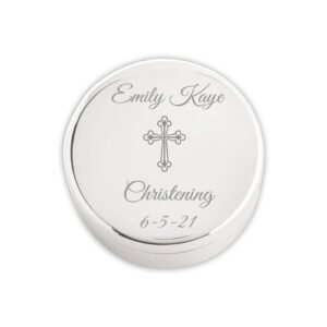 personalized round jewelry keepsake box with custom name and engraved cross with message for baby christening gift, silver toned