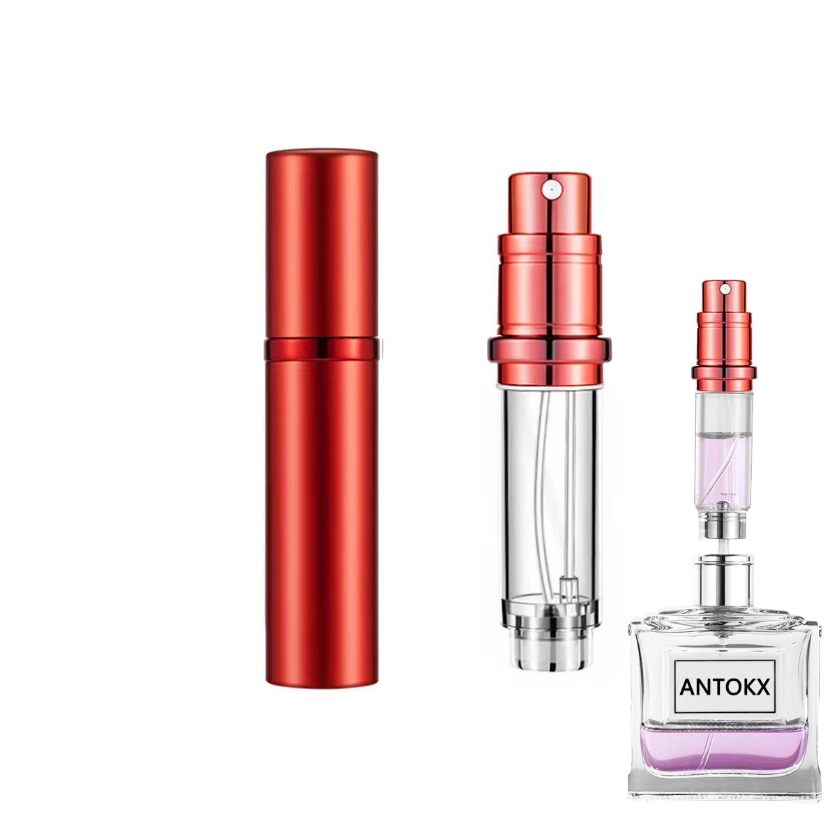 ANTOKX Travel Perfume Bottle Refillable Atomizer - 5ML Perfume Atomiser, Pocket Perfume Dispenser, Scent Pump Case, Leakproof Portable Perfume Sprayer for Women and Men (Red)