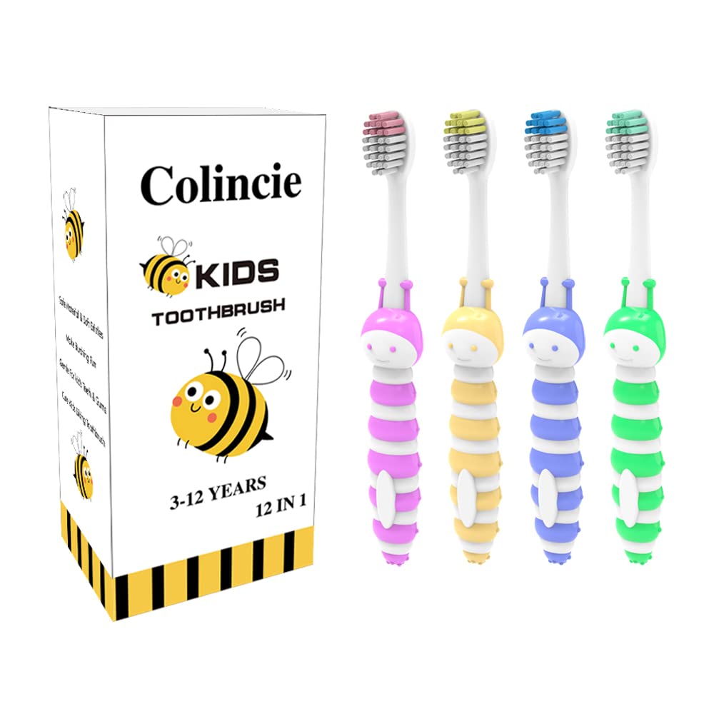 Colincie Kids Liking Cartoon Toothbrush Bee Design Cute&Fun Soft Bristles Individually Wrapped for Boys and Girls Toddlers 3-12 Year (Green Yellow Blue Pink)