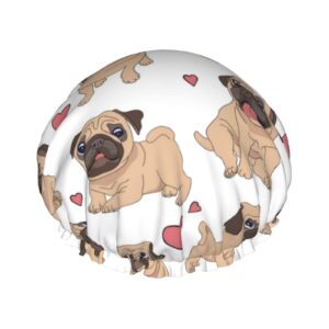 white brown pug shower cap for women,double waterproof layers bathing shower hat large designed for all hair