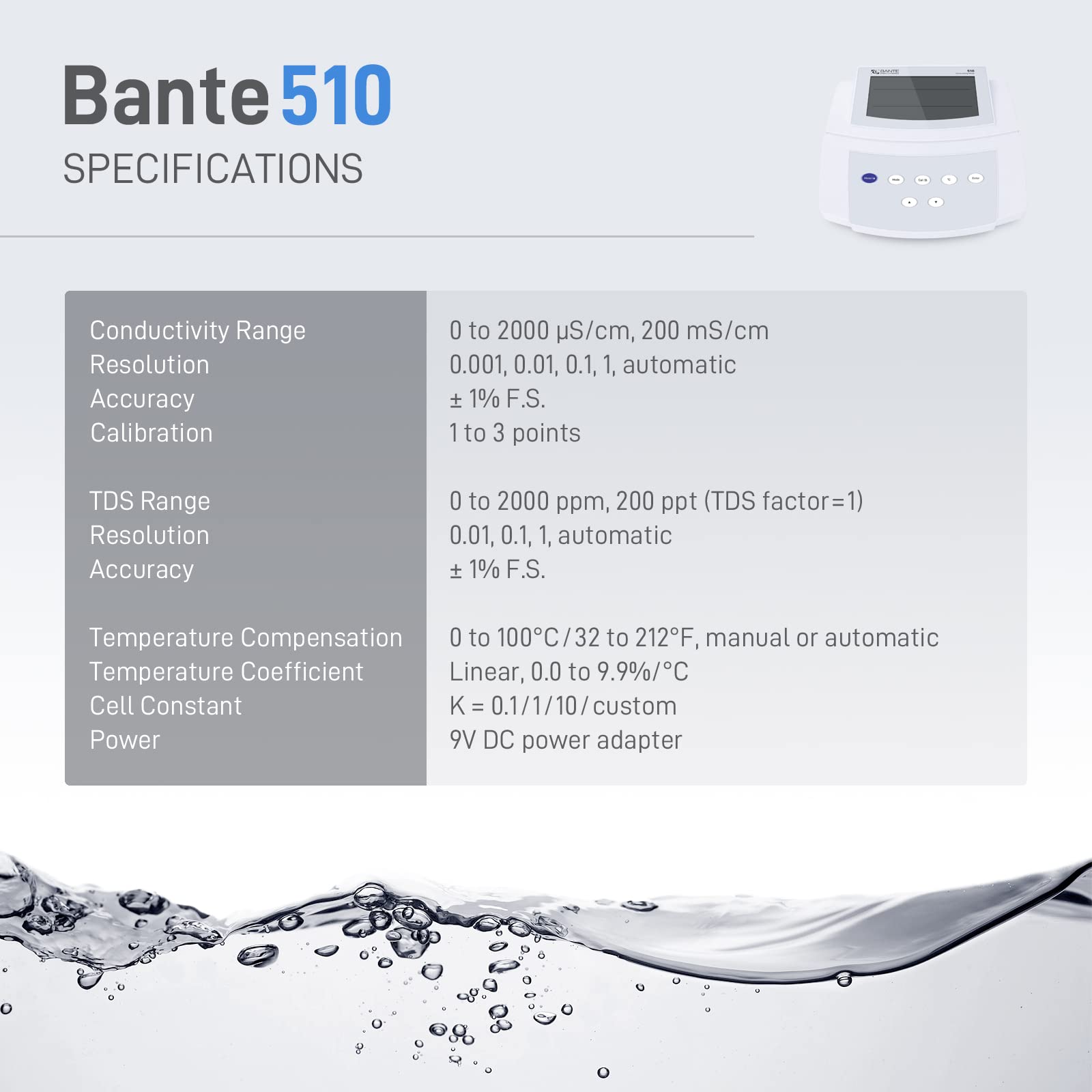 Bante 510 Benchtop Conductivity Meter | Lab Conductivity TDS Meter | Equipped with 2 Platinum Electrodes | Measurement Range 0 to 200 mS/cm | Accuracy ±1% F.S.