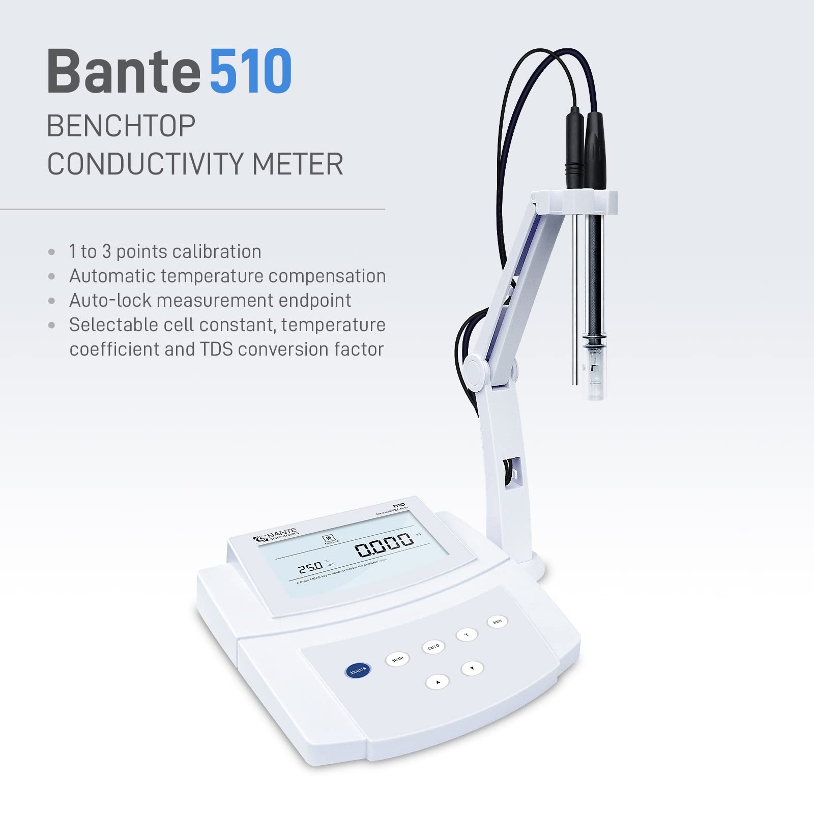 Bante 510 Benchtop Conductivity Meter | Lab Conductivity TDS Meter | Equipped with 2 Platinum Electrodes | Measurement Range 0 to 200 mS/cm | Accuracy ±1% F.S.