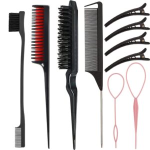 10-piece hair styling set - teasing brush, triple comb, rat tail, edge brush, braid tool, loop clips for women, girls, kids, and stylists