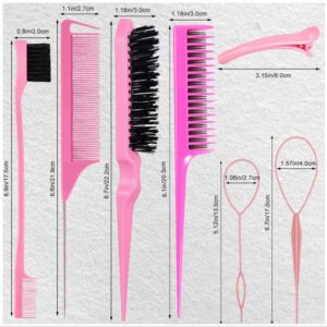 Hair Styling Tool Set: Combs, Triple Teasing Brush, Edge Brush, Rat Tail Combs, Braid Loop with Clips for Women, Girls, Kids and Stylists