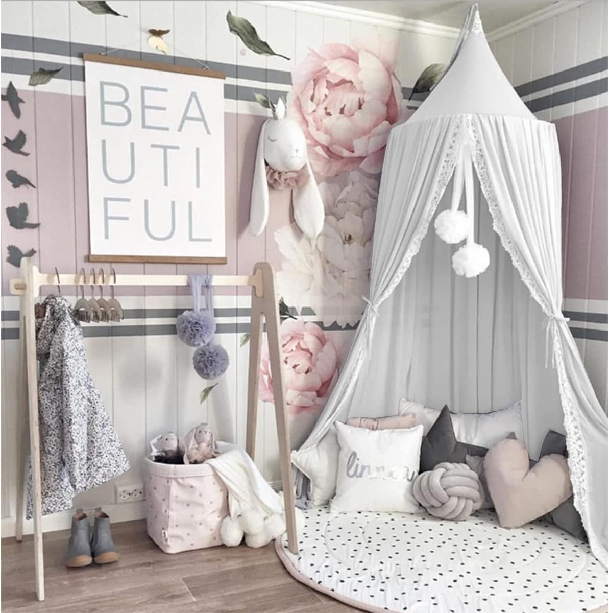 LImiLI Bed Canopy for Girls and Kids Hanging Mosquito Net for Baby Crib Nook Castle Game Tent Nursery Play Room Decor (White)