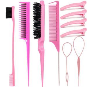 hair styling tool set: combs, triple teasing brush, edge brush, rat tail combs, braid loop with clips for women, girls, kids and stylists