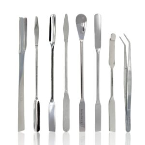 scientific labwares 8 pcs micro lab spatula sampler set, stainless steel double ended multi purpose mixing/filling spatulas + tweezer, square, scoop, round & tapered arrow end, 7"+6" length